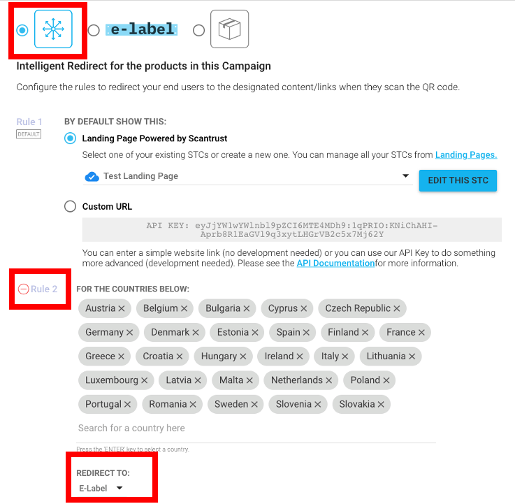 e-label - Campaigns - Settings - e-label Redirect within EU; Landing Page Redirect outside EU ...